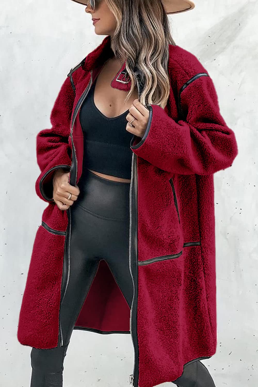 PRETTYGARDEN Women's Full Zip Fleece Jacket Long Sleeve Lapel Warm Winter Sherpa Coat With Pockets (Jujube Red,Large)