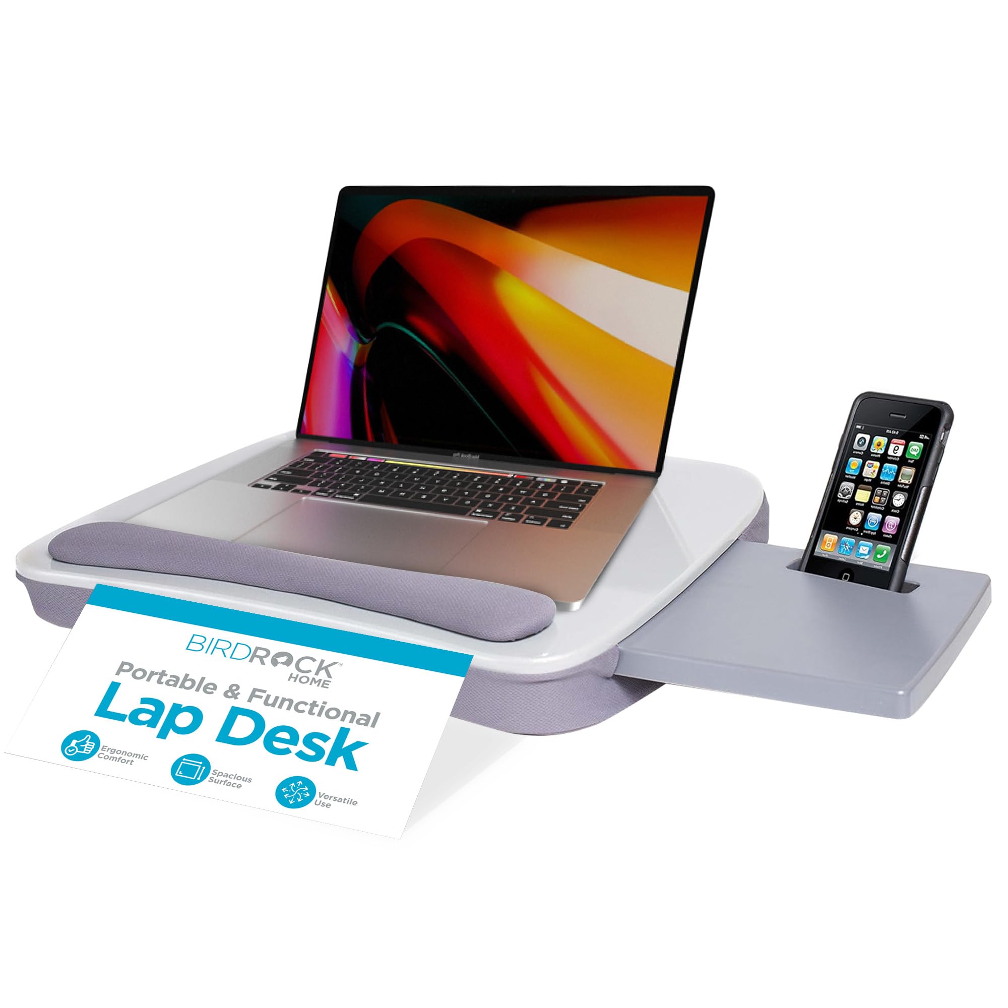 SOFIA + SAM Multi-Tasking Lap Desk with Memory Foam Cushion & Wrist Rest - Portable Computer Bed Tray - Fits Laptops Up to 15", Tablets Up to 9.6", Smartphones Up to 3.5" - Silver