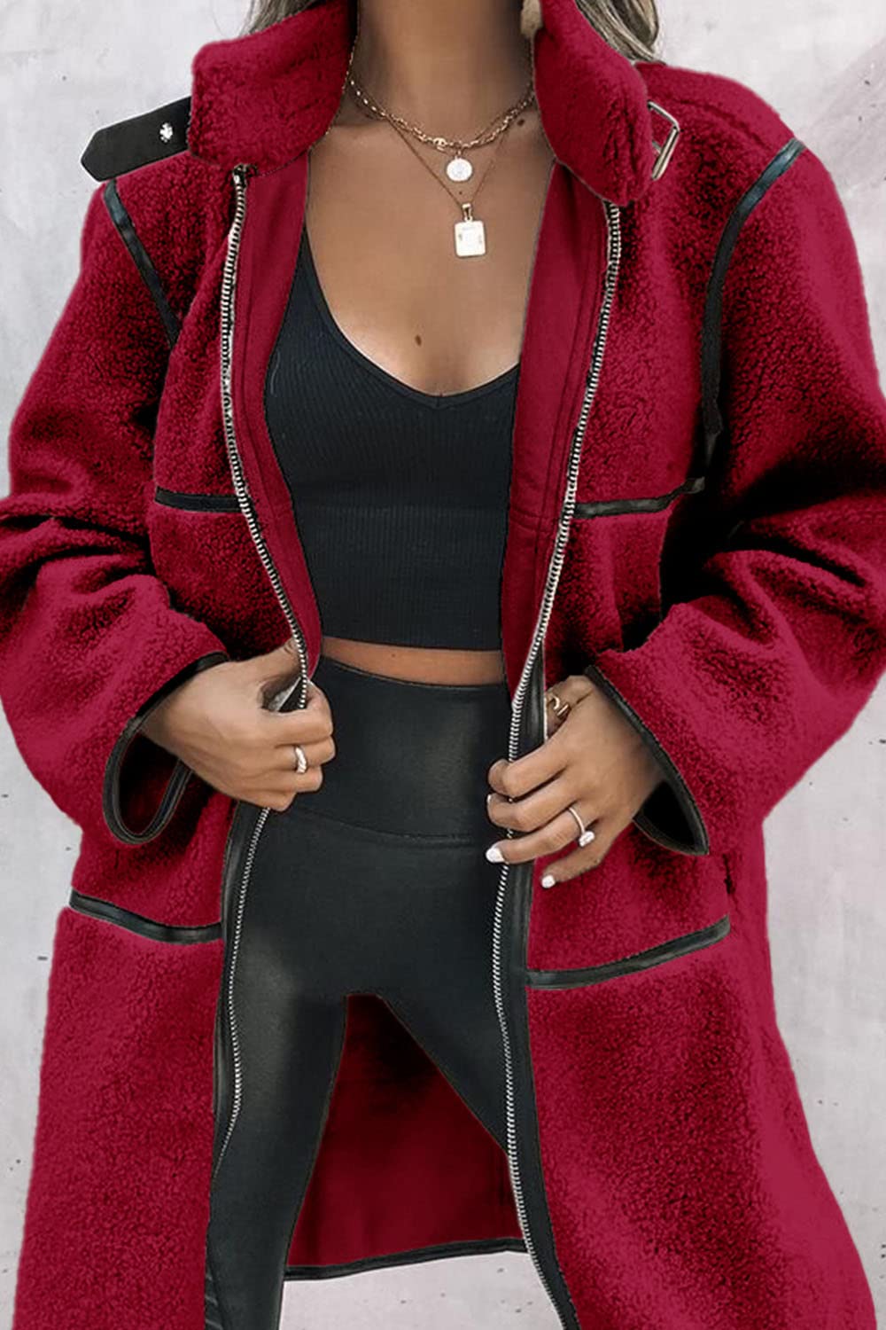 PRETTYGARDEN Women's Full Zip Fleece Jacket Long Sleeve Lapel Warm Winter Sherpa Coat With Pockets (Jujube Red,Large)