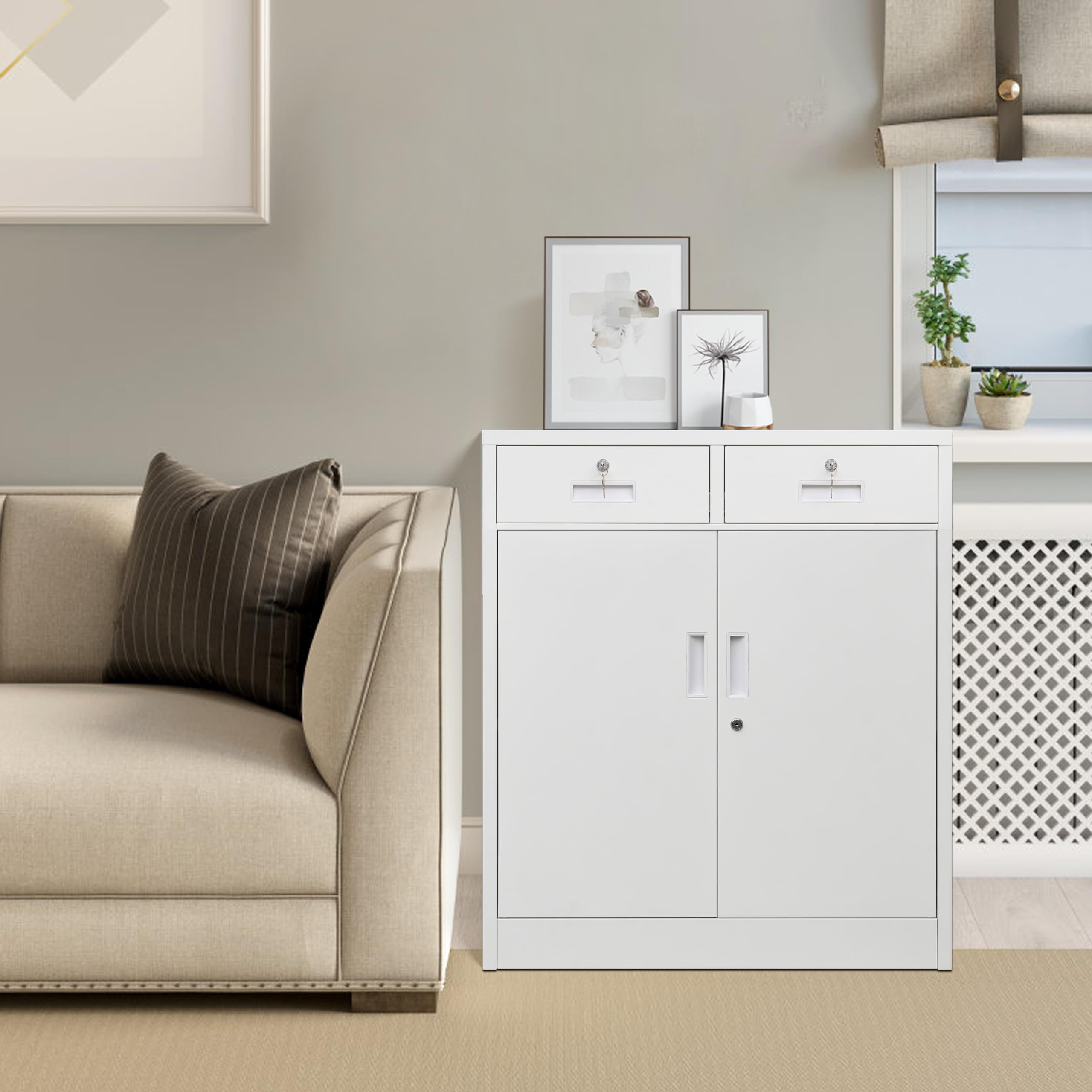 BESFUR 2 Drawers Metal Cabinet, 36” Locking File Cabinet for Garage、Classroom and Office - White