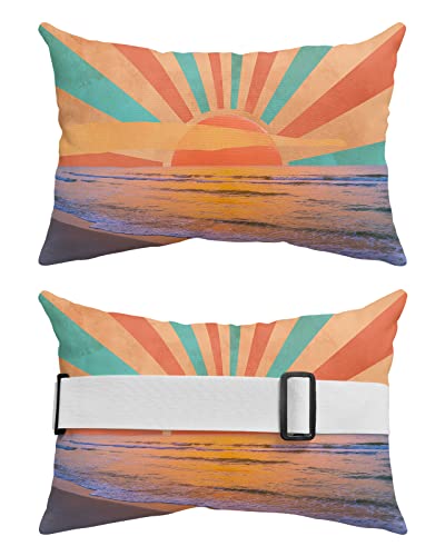 Recliner Head Pillow Ledge Loungers Chair Pillows with Insert Hand Drawn Orange Abstract Sunset in Seaside Lumbar Pillow with Adjustable Strap Outdoor Waterproof Patio Pillows for Beach Pool, 2 PCS