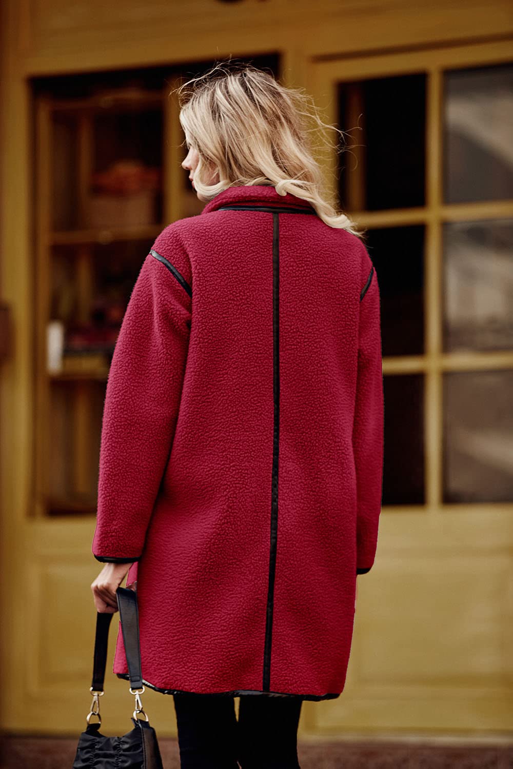PRETTYGARDEN Women's Full Zip Fleece Jacket Long Sleeve Lapel Warm Winter Sherpa Coat With Pockets (Jujube Red,Large)