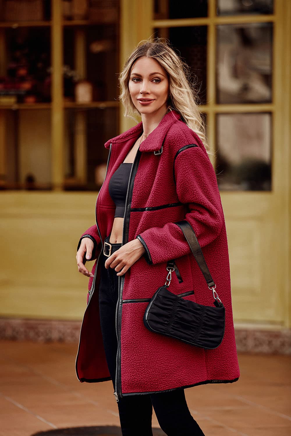 PRETTYGARDEN Women's Full Zip Fleece Jacket Long Sleeve Lapel Warm Winter Sherpa Coat With Pockets (Jujube Red,Large)