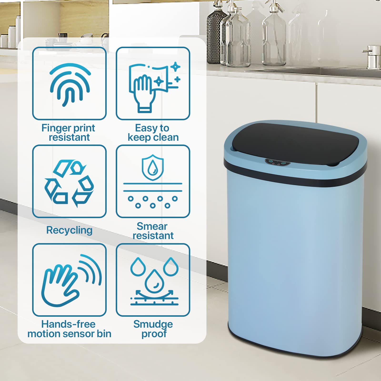 Dkeli Kitchen Trash Can for Bathroom Bedroom Home Office Automatic Touch Free High-Capacity Garbage Can with Lid Brushed Stainless Steel Waste Bin 13 Gallon / 50L - Blue