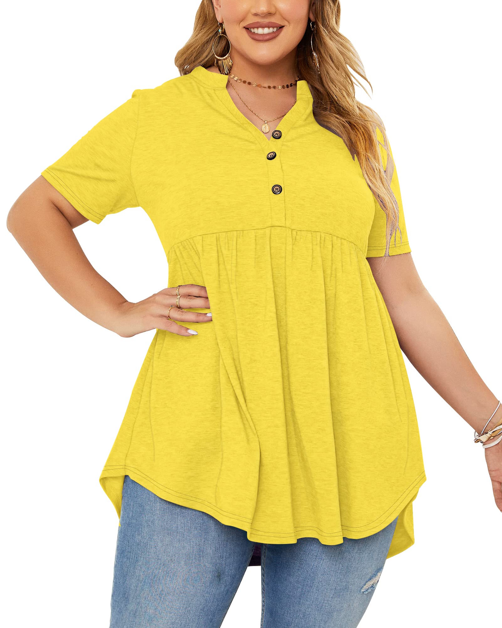 PLOKNRD Women's Plus Size Tops Short Sleeve Henley V Neck Button Up Flowy T Shirts Tunic Loose Blouses Yellow