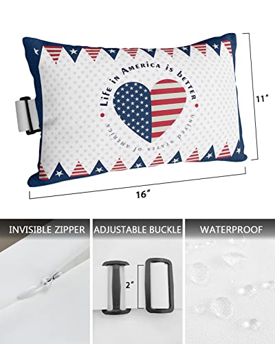 Recliner Head Pillow Ledge Loungers Chair Pillows with Insert Life in American is Better American USA Flag Hear Shapes Lumbar Pillow with Adjustable Strap Patio Garden Cushion for Bench Couch, 2 PCS