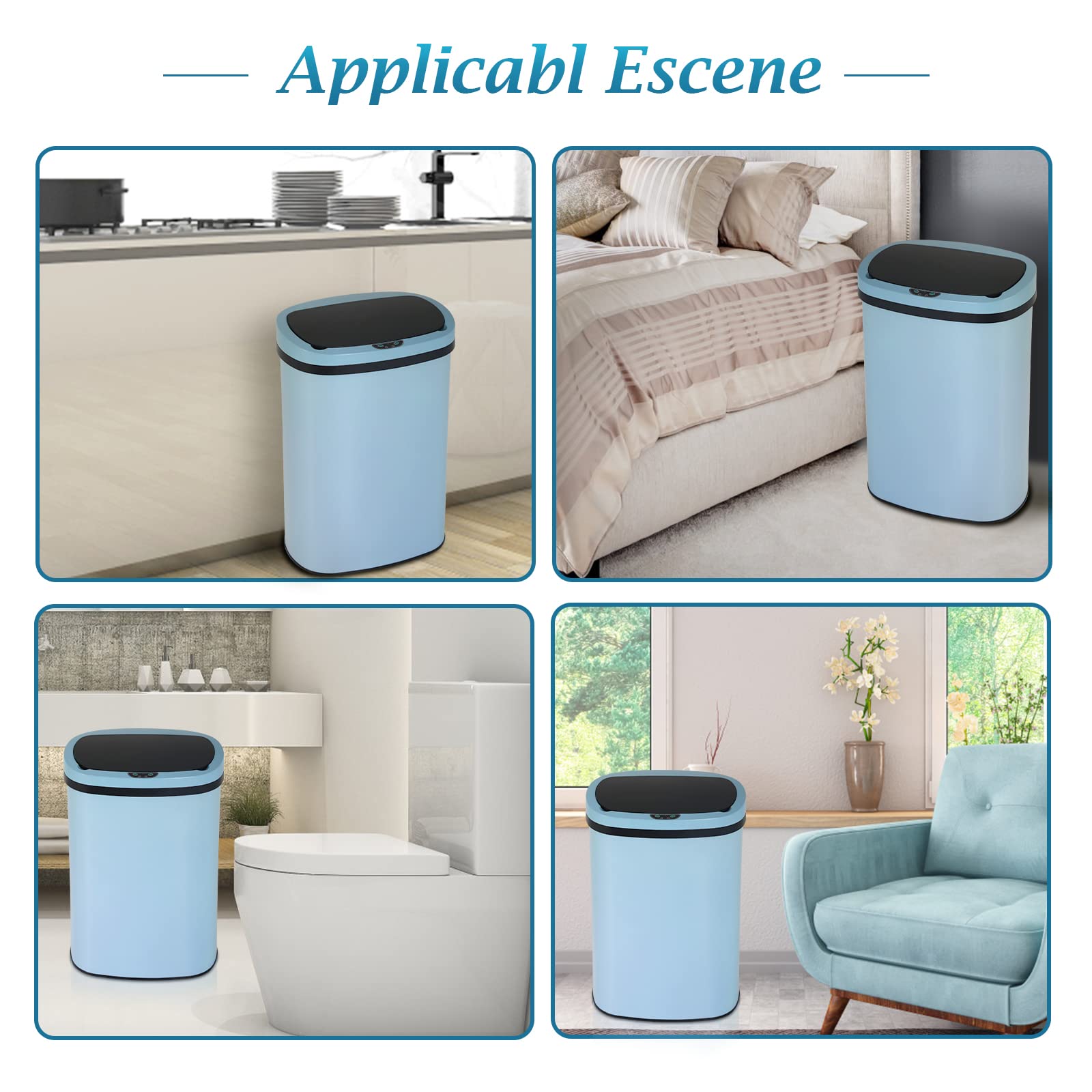 Dkeli Kitchen Trash Can for Bathroom Bedroom Home Office Automatic Touch Free High-Capacity Garbage Can with Lid Brushed Stainless Steel Waste Bin 13 Gallon / 50L - Blue