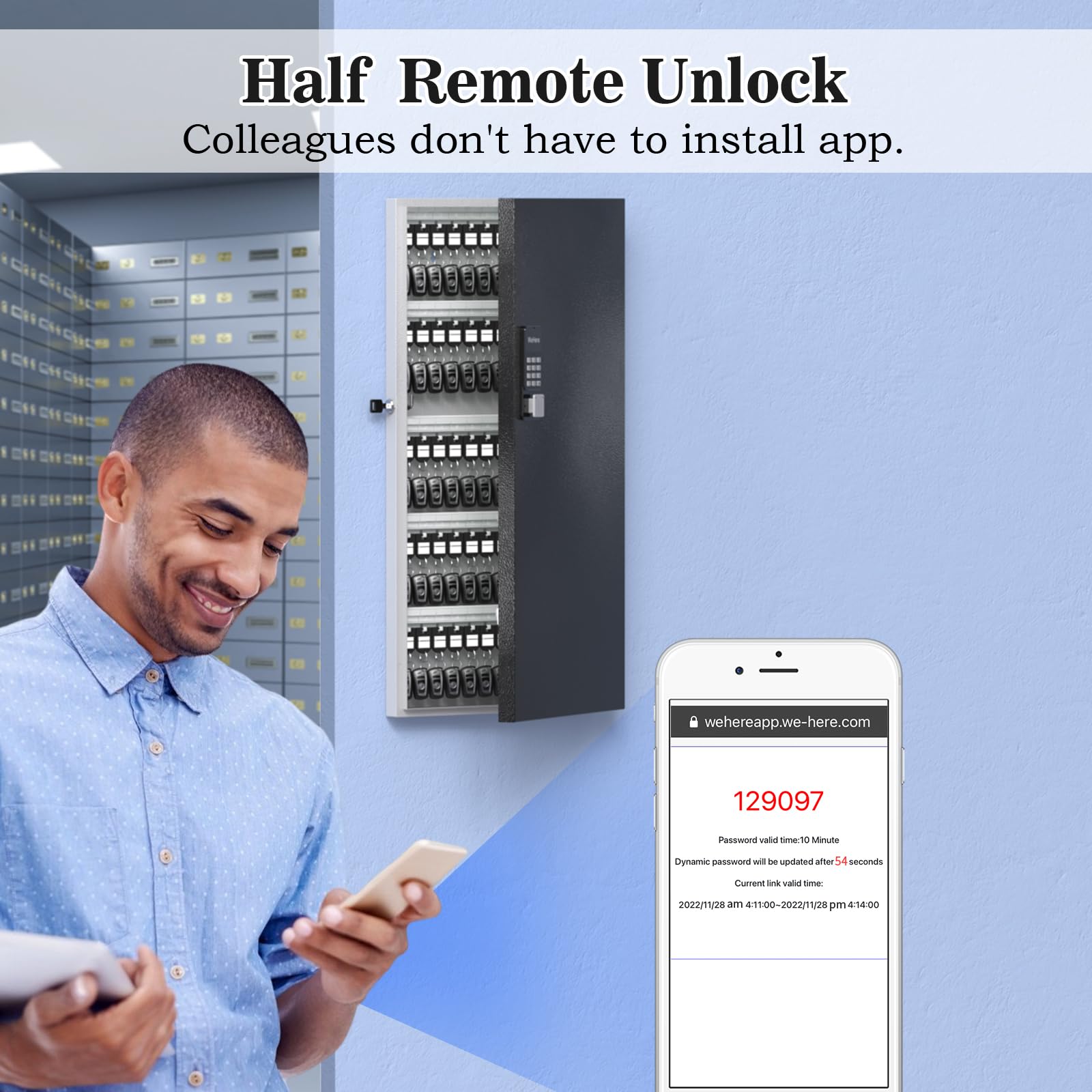 120 Key Lock Box,Metal Key Cabinet Organizer Wall Mount use OTP Technology Unlock,Fixed Password/Bluetooth Unlock, App Remotely Generates Pin Codes Without Internet,Great for Key Hook & Storage
