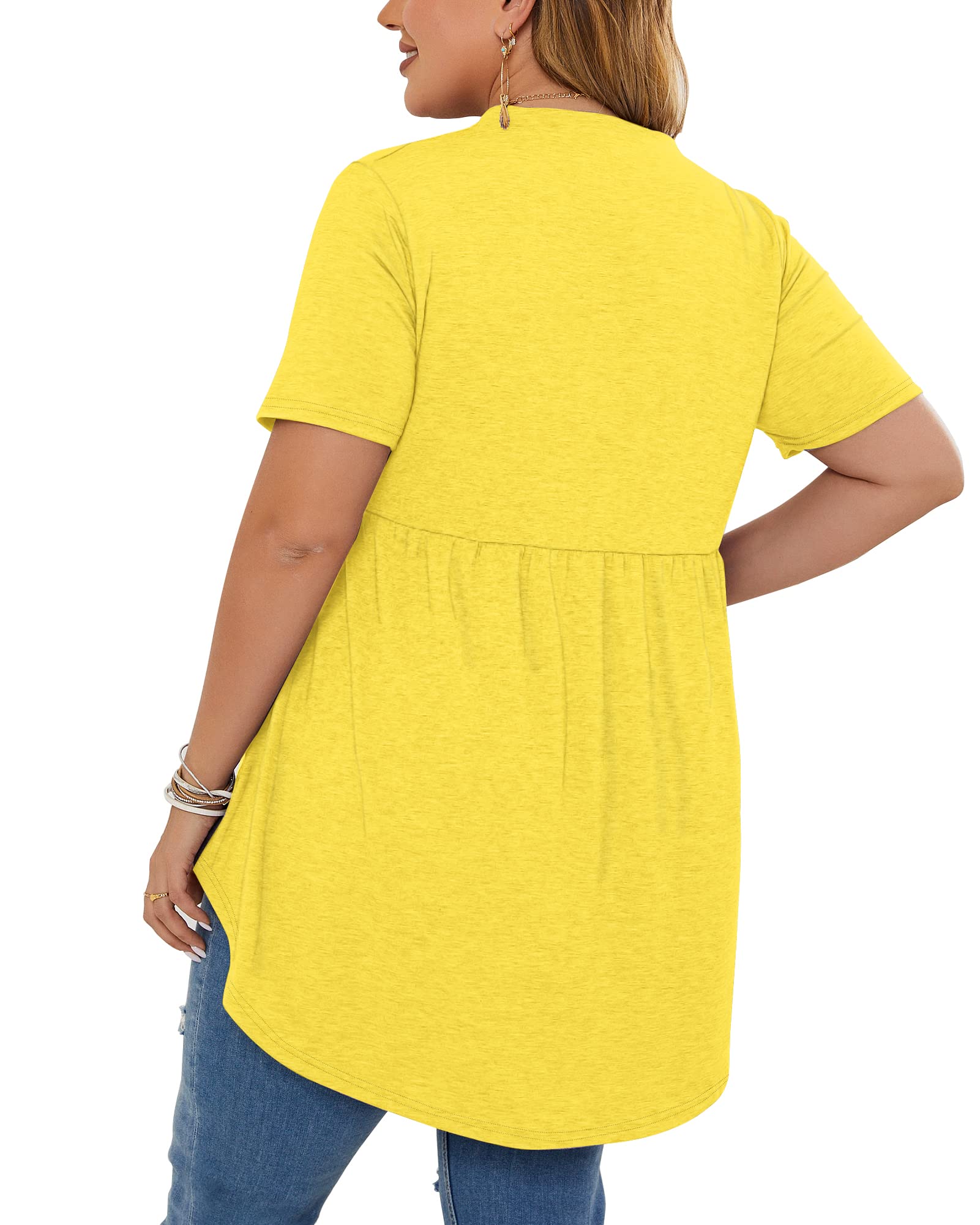 PLOKNRD Women's Plus Size Tops Short Sleeve Henley V Neck Button Up Flowy T Shirts Tunic Loose Blouses Yellow