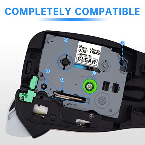 Unismar Compatible for Brother TZe-121 TZe121 TZ121 TZ 9mm 0.35 Laminated Black on Clear Label Maker Tape for Brother Ptouch PTD200 PTD210 PTD220 PT-D600 PT-D400 PT-H100 PT-H110, 3/8" x 26.2', 5-Pack