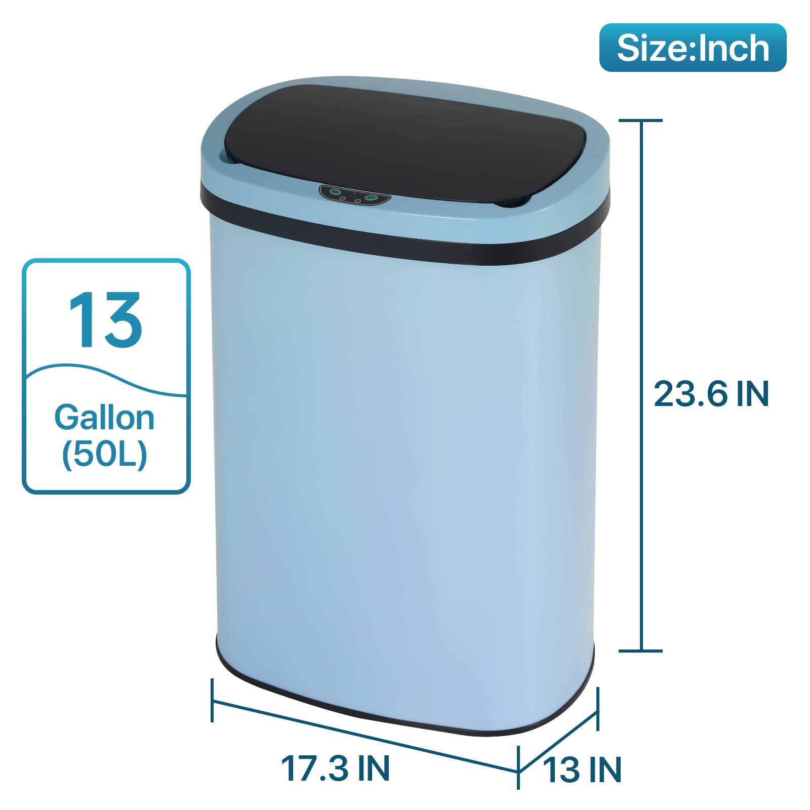 Dkeli Kitchen Trash Can for Bathroom Bedroom Home Office Automatic Touch Free High-Capacity Garbage Can with Lid Brushed Stainless Steel Waste Bin 13 Gallon / 50L - Blue