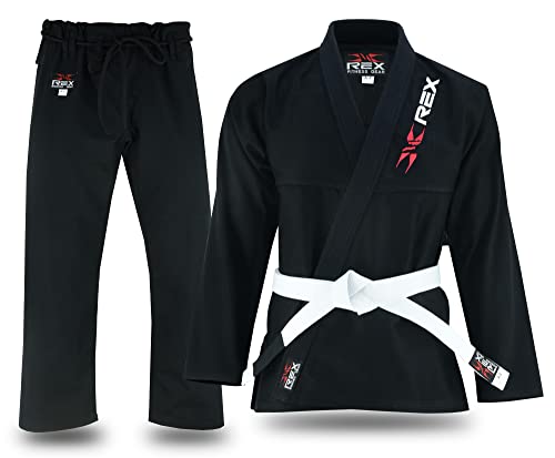 REX Sports Brazilian Jiu Jitsu, for Men and Women BJJ Gi Grappling Kimonos Lightweight White Belt (Black, A1)