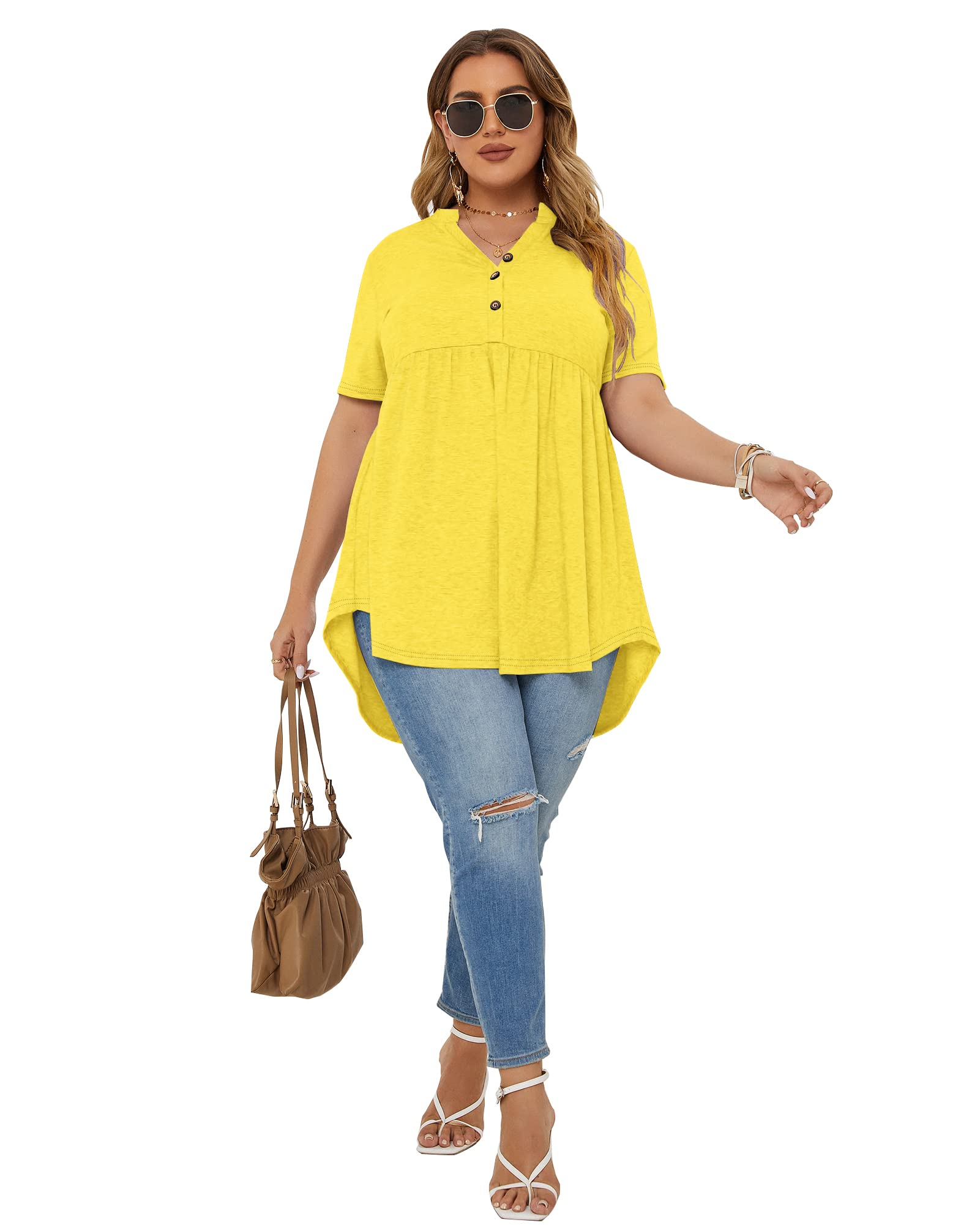 PLOKNRD Women's Plus Size Tops Short Sleeve Henley V Neck Button Up Flowy T Shirts Tunic Loose Blouses Yellow