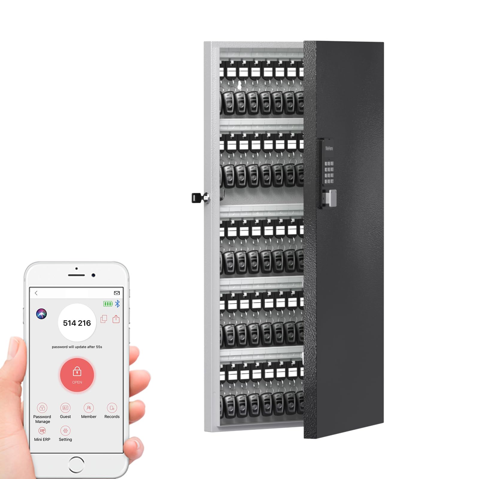120 Key Lock Box,Metal Key Cabinet Organizer Wall Mount use OTP Technology Unlock,Fixed Password/Bluetooth Unlock, App Remotely Generates Pin Codes Without Internet,Great for Key Hook & Storage