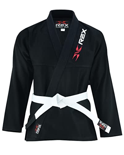 REX Sports Brazilian Jiu Jitsu, for Men and Women BJJ Gi Grappling Kimonos Lightweight White Belt (Black, A1)