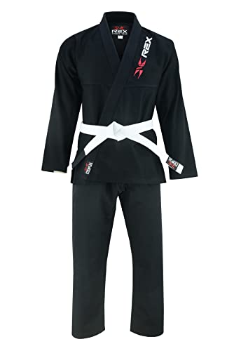 REX Sports Brazilian Jiu Jitsu, for Men and Women BJJ Gi Grappling Kimonos Lightweight White Belt (Black, A1)