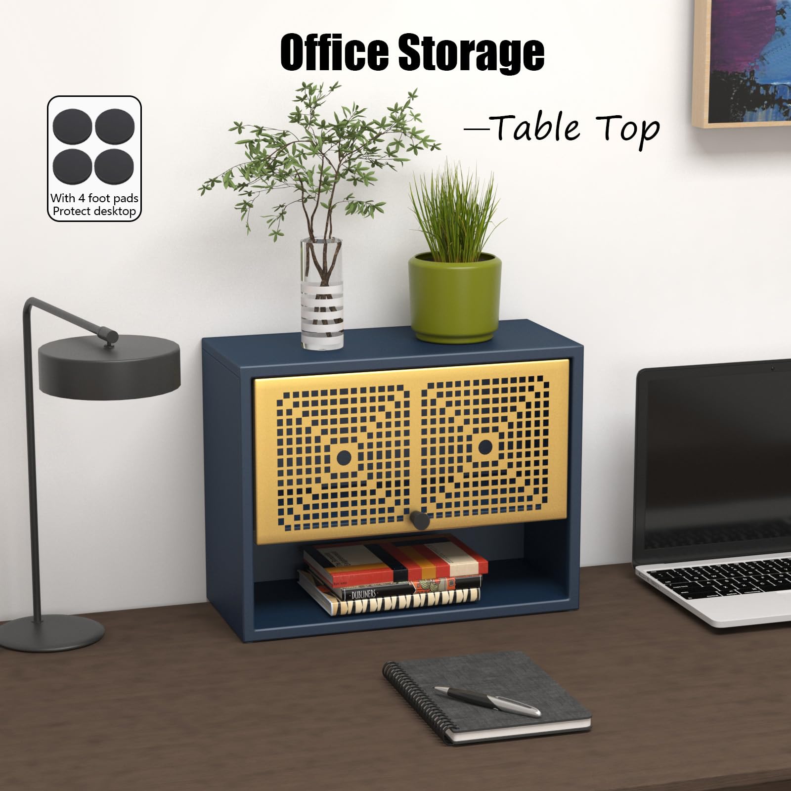 MIAO'ER 2-Tier Wall Cabinet, Bathroom Cabinet, Medicine Cabinet, Kitchen Cabinet, Punch Pattern Magnetic Suction Metal Door, Durable, RustProof, Used for Space Saving & Organizing, Grey&Gold