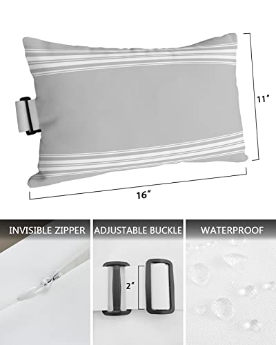 Recliner Head Pillow Ledge Loungers Chair Pillows with Insert Farmhouse Gray White Stripe Lumbar Pillow with Adjustable Strap Outdoor Waterproof Patio Pillows for Couch Beach Pool Office Chair, 2 PCS
