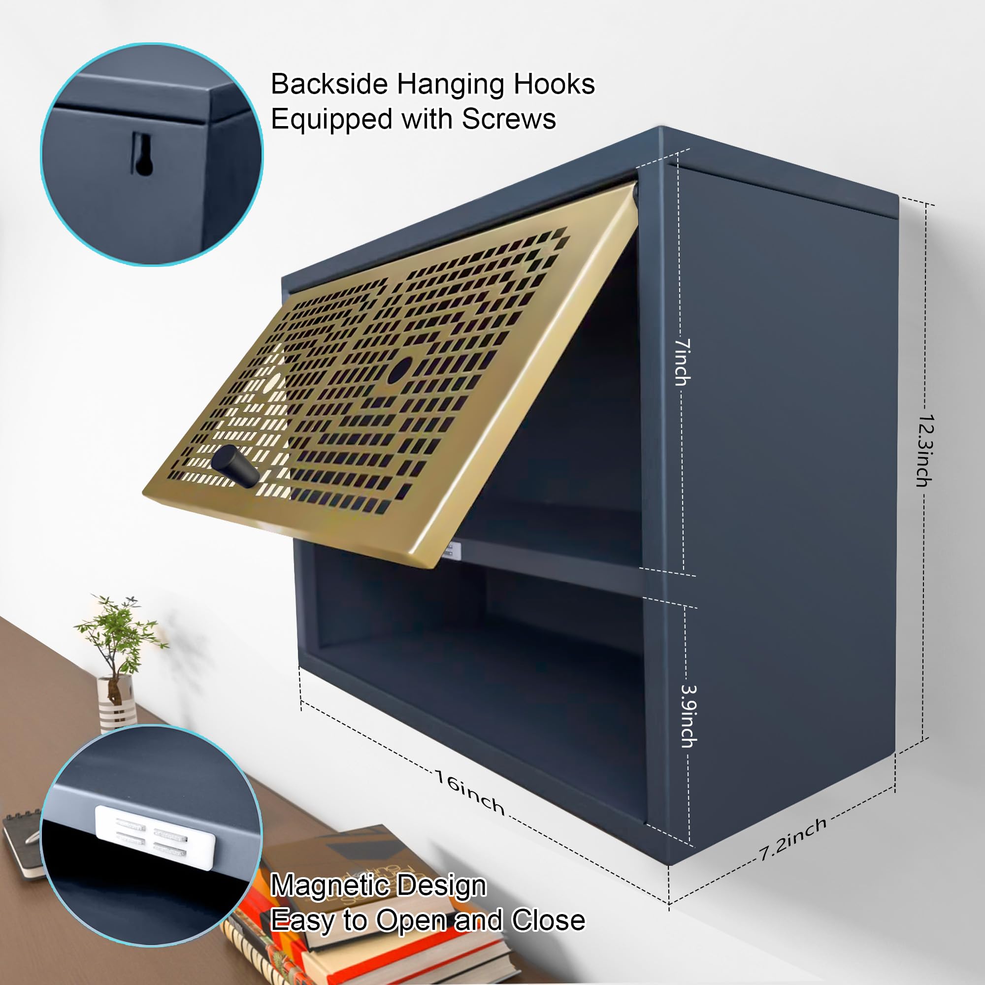MIAO'ER 2-Tier Wall Cabinet, Bathroom Cabinet, Medicine Cabinet, Kitchen Cabinet, Punch Pattern Magnetic Suction Metal Door, Durable, RustProof, Used for Space Saving & Organizing, Grey&Gold