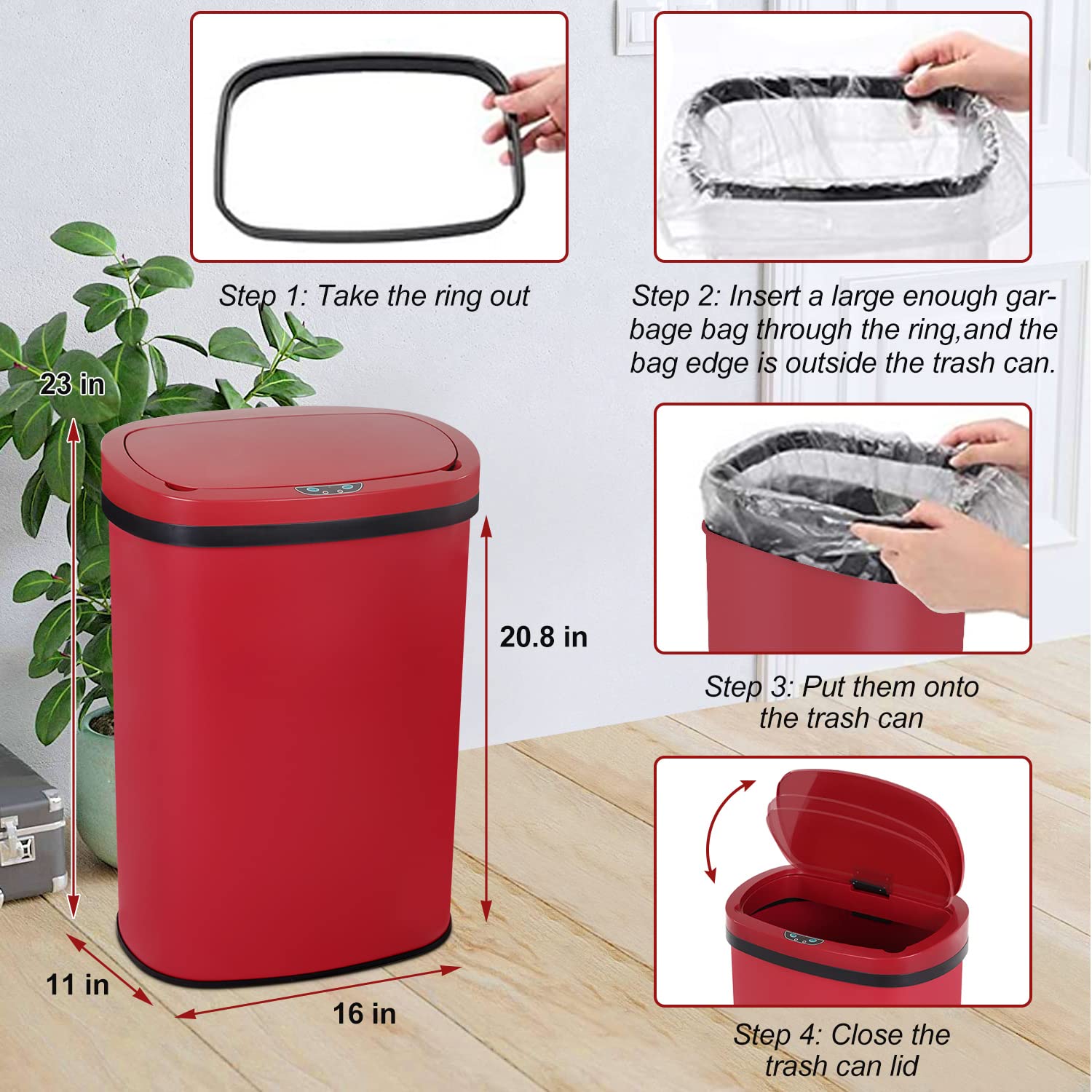 Trash Can 13 Gallon Automatic Kitchen Garbage Can Touch Free Stainless Steel Kitchen Trash Can with Lid, 50L High Capacity Electronic Touchless Sensor Trash Bin Garbage Bin Waste Bin, Red