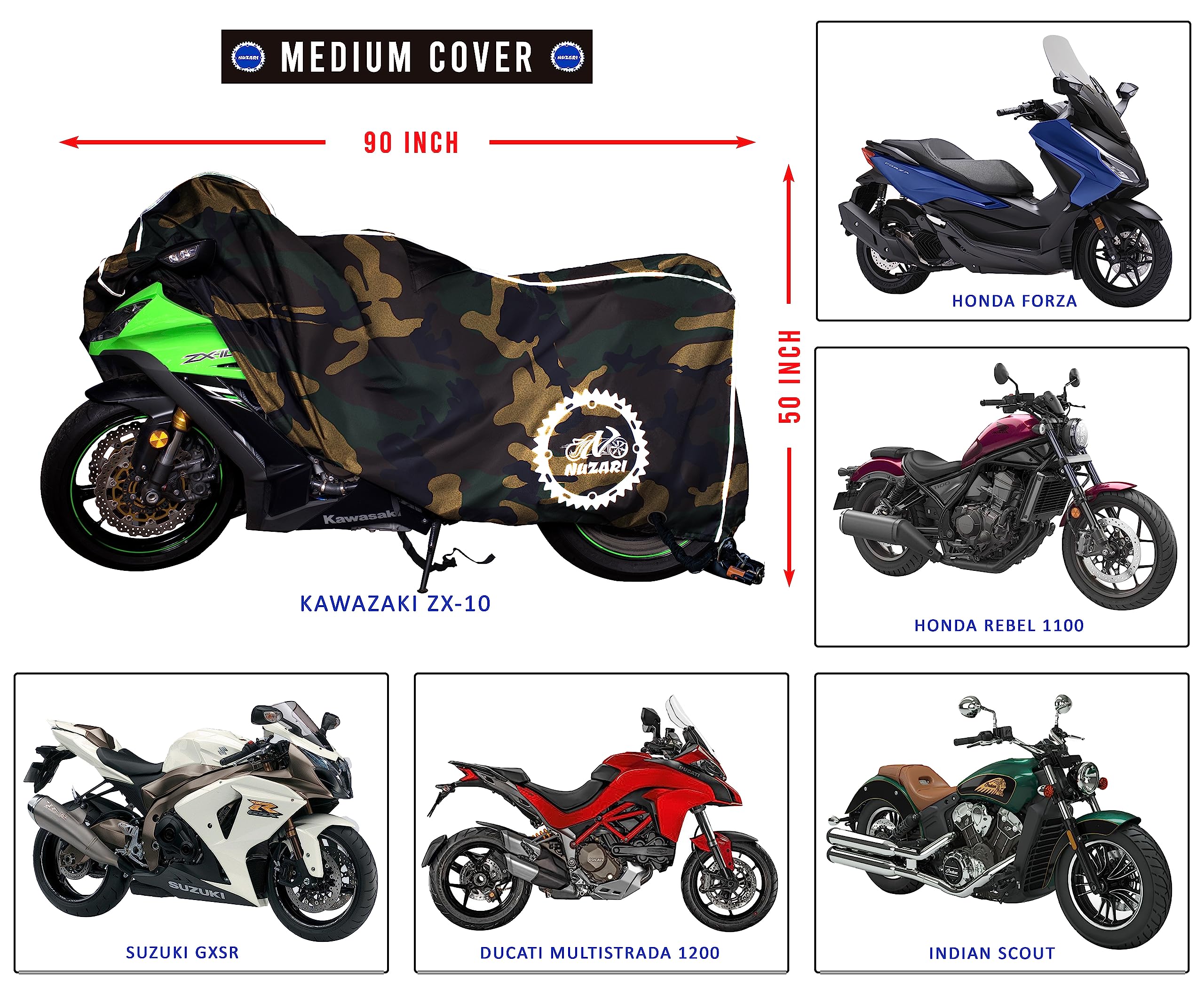 Breathable Motorcycle Cover W/Elastic Bottom. Premium Heavy Duty Outdoor Waterproof All Season Polyester W/Soft Screen Shield. Universal Heat Resistant Lockable Fabric (Camouflage, Medium)