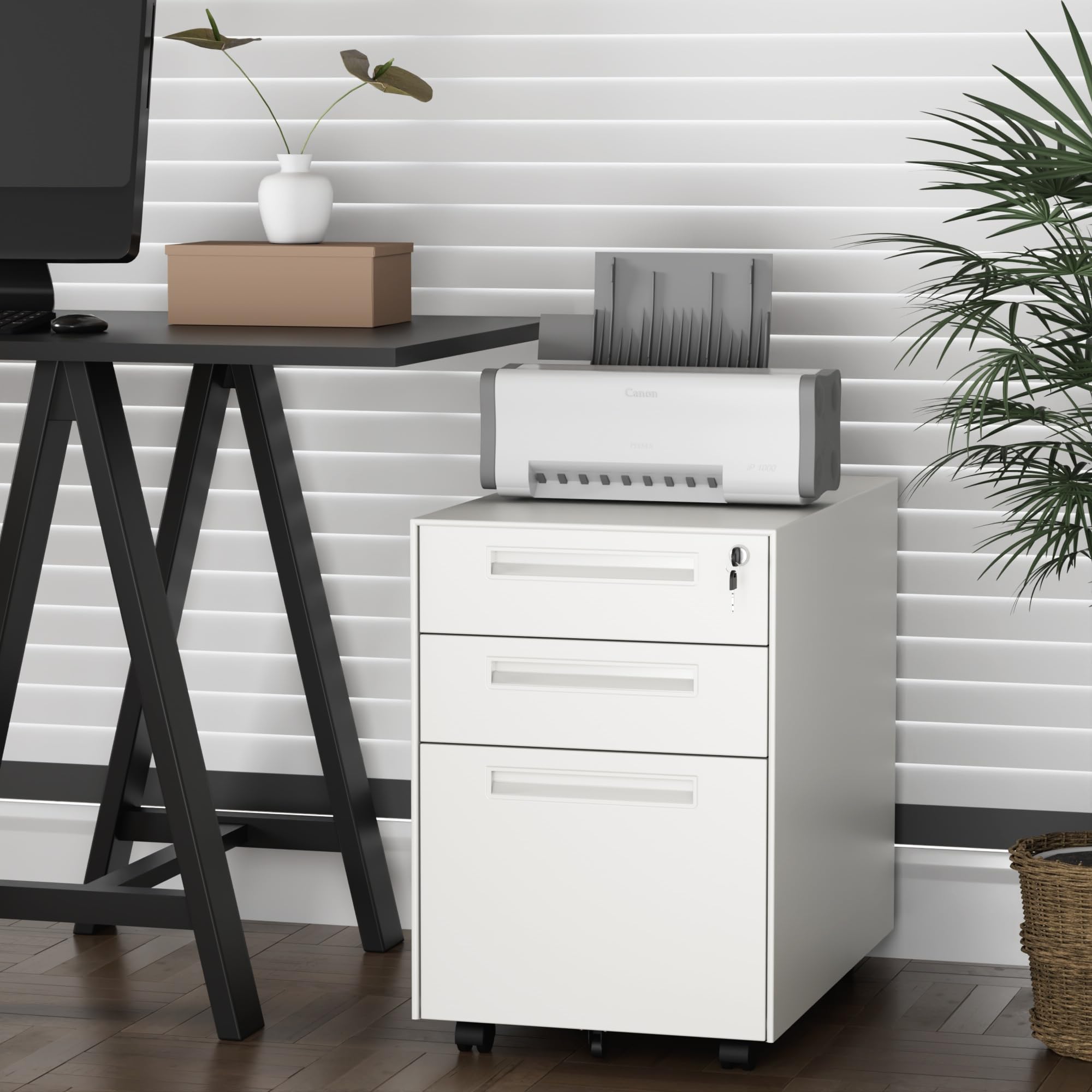 COFaR Cabinet, 3 Drawer Metal File Cabinet with Lock & Wheels, Under Desk Storage for Home Office, Fits Legal/Letter/A4, Vertical Filing (White, 22.5 x 19.7 x 14.9 inches, 40lbs)