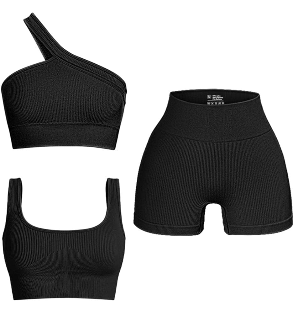 OQQ Women's 3 Piece Ribbed Seamless Exercise Scoop Neck Sports One Shoulder High Waist Active Set Bra Shorts Outfit, Black, Large