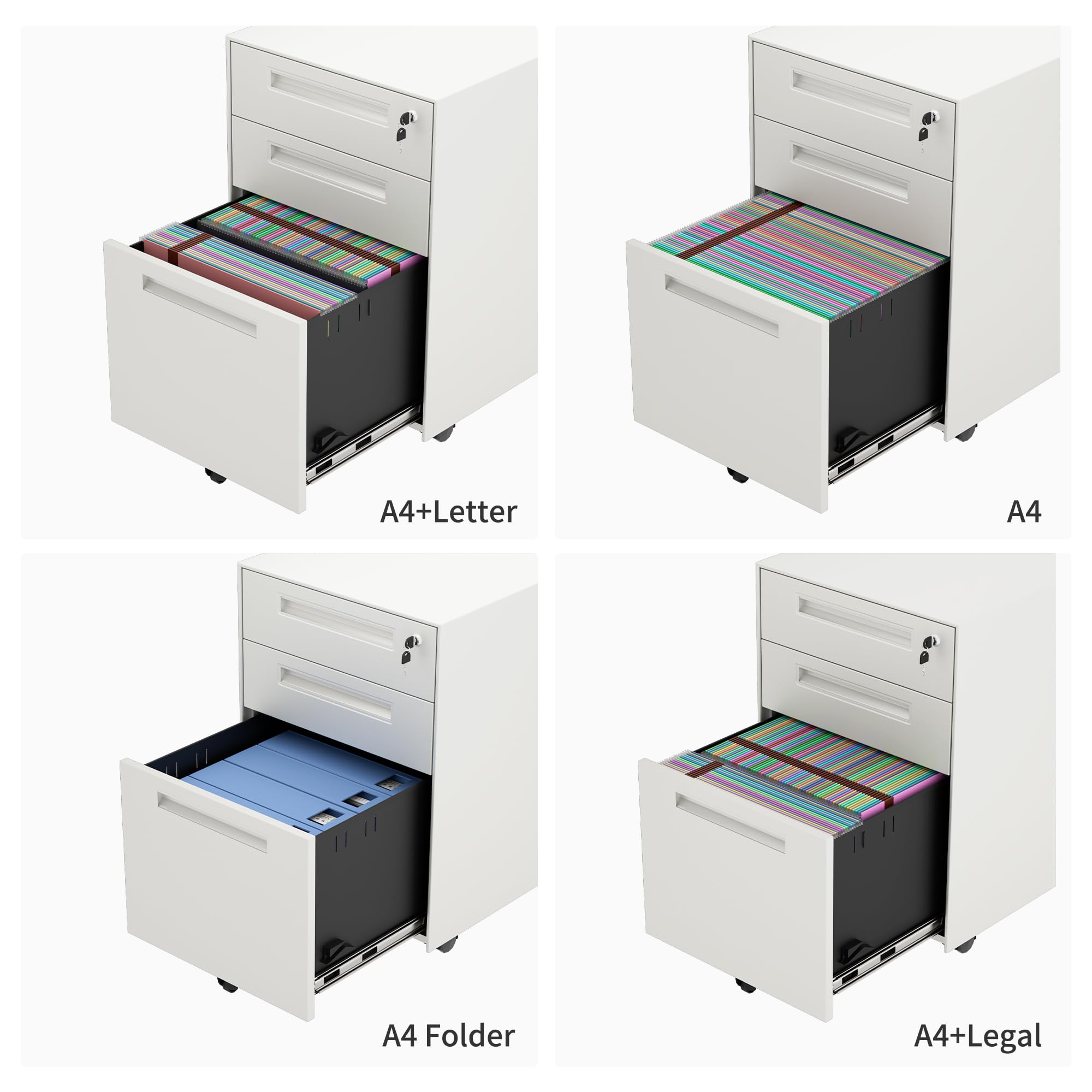 COFaR Cabinet, 3 Drawer Metal File Cabinet with Lock & Wheels, Under Desk Storage for Home Office, Fits Legal/Letter/A4, Vertical Filing (White, 22.5 x 19.7 x 14.9 inches, 40lbs)