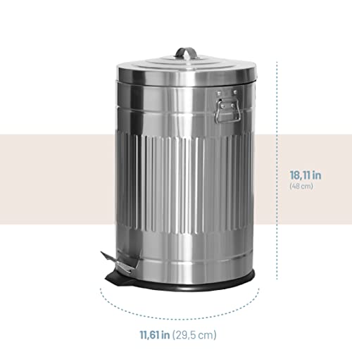 AWENN Step Trash Can with Lid and Pedal 20 Liter / 5.3 Gallon, Vintage Garbage Bin for Kitchen, Office, Home, Pet Waste Container - Retro Metal Wastebasket W/Step Pedal, Silver