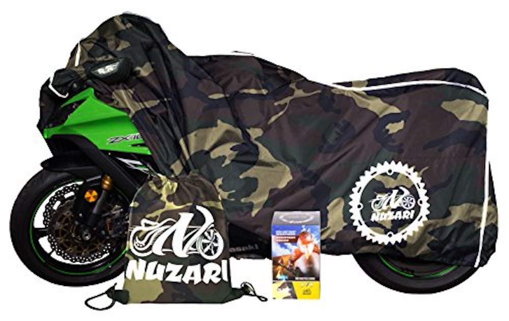 Breathable Motorcycle Cover W/Elastic Bottom. Premium Heavy Duty Outdoor Waterproof All Season Polyester W/Soft Screen Shield. Universal Heat Resistant Lockable Fabric (Camouflage, Medium)