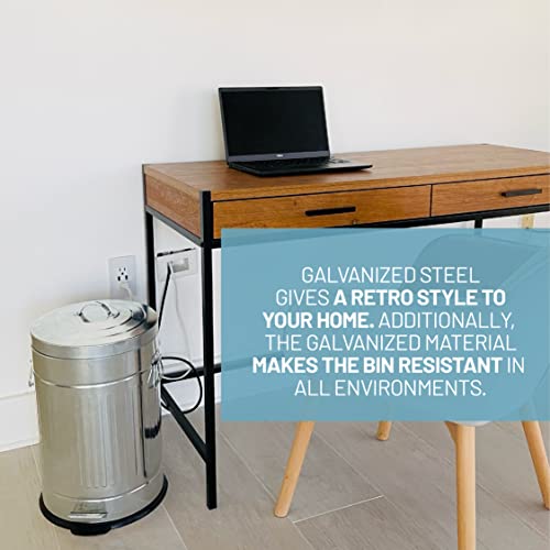 AWENN Step Trash Can with Lid and Pedal 20 Liter / 5.3 Gallon, Vintage Garbage Bin for Kitchen, Office, Home, Pet Waste Container - Retro Metal Wastebasket W/Step Pedal, Silver