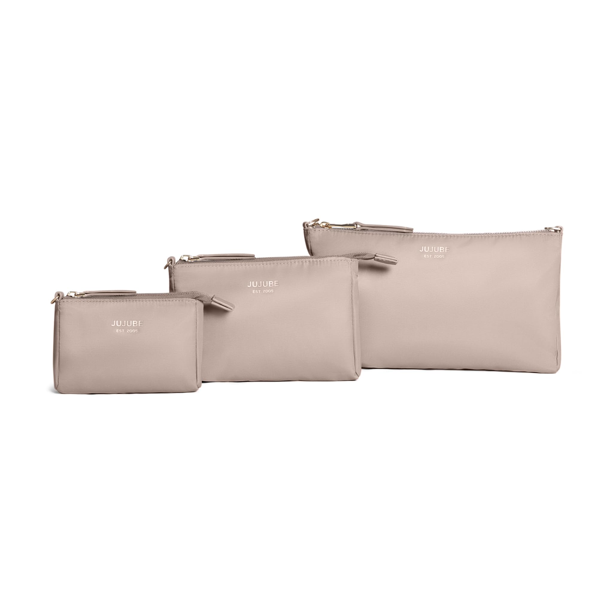 JuJuBe New 3-Piece Pouch Set, Diaper Bag Organizing Pouches, Convertible to Small Purse with Crossbody Strap, Perfect for Travel, Zipper Cosmetic or Makeup Pouch, Large, Medium, and Small, Taupe