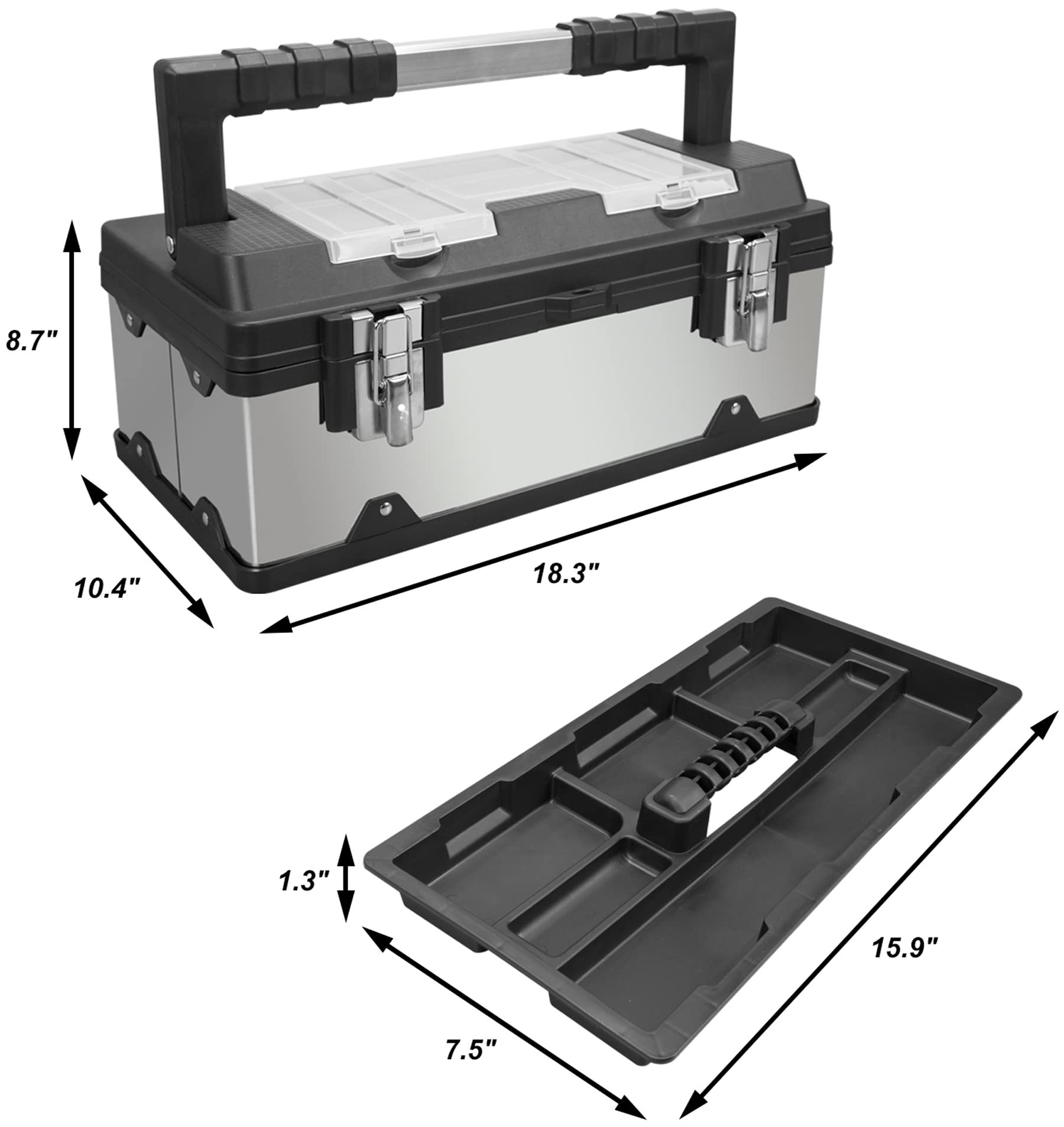BIG RED A5519BR Torin 19" Stainless Steel and Plastic Portable Storage Tool Box Organizer with Metal Lock, Multiple Compartments, Clear Lid and Removable Trays - Stainless Steel/Black
