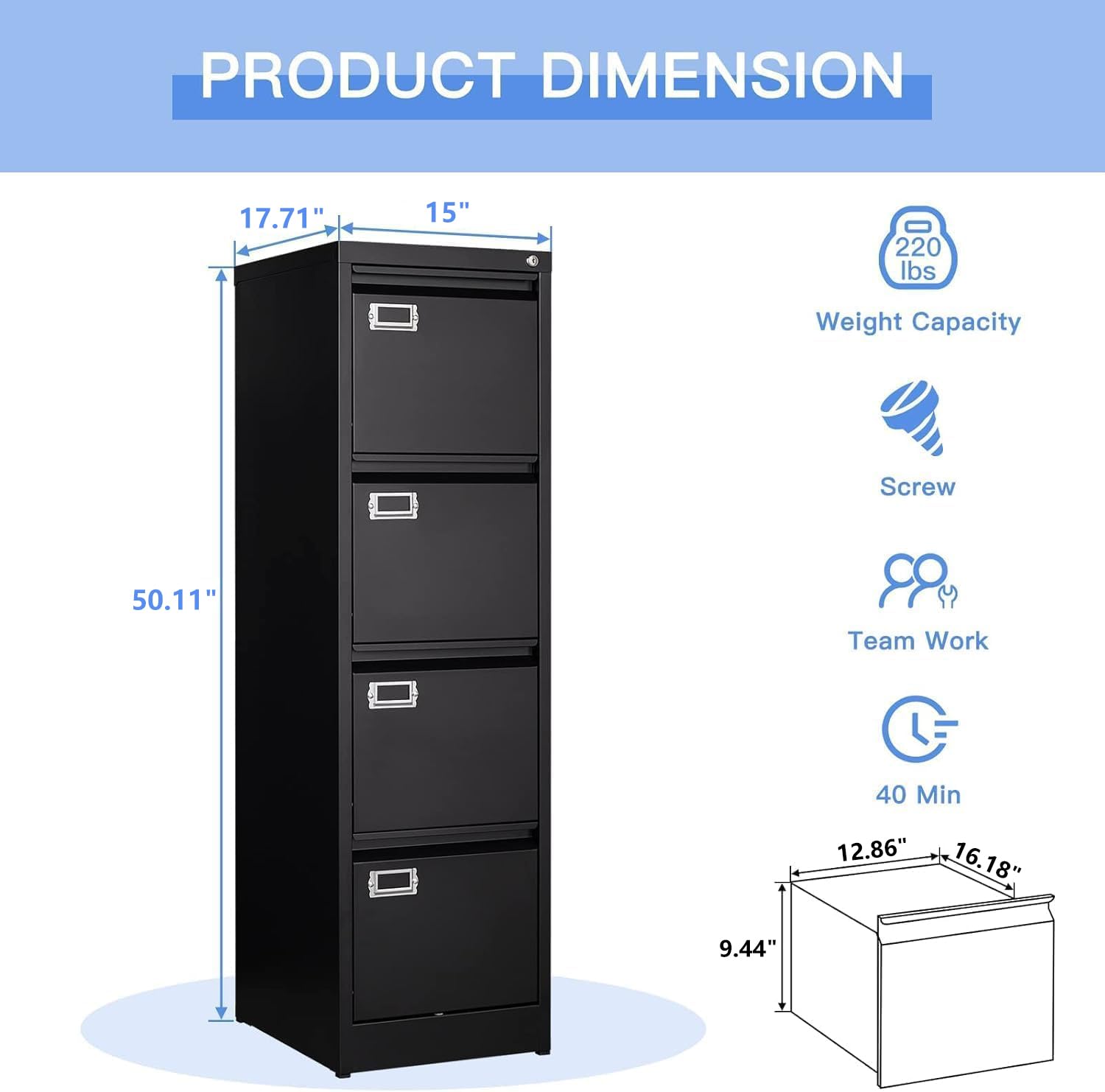 Yizosh 4 Drawer Black File Cabinet with Lock, Filing Cabinets for Home Office, Metal Locking Office File Storage Cabinets with Drawers, Vertical Small Filing Cabinet Organizer for Legal/A4