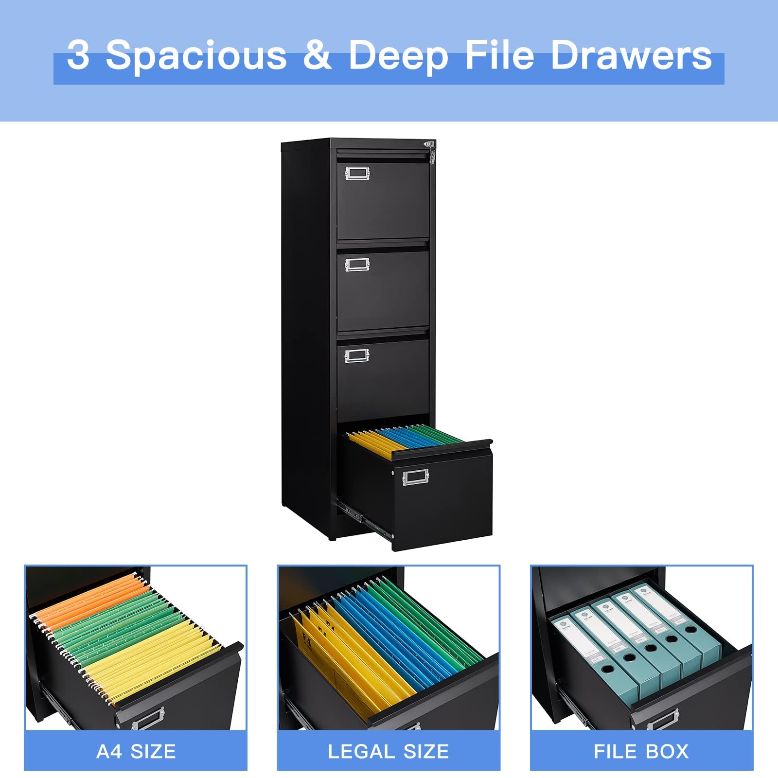 Yizosh 4 Drawer Black File Cabinet with Lock, Filing Cabinets for Home Office, Metal Locking Office File Storage Cabinets with Drawers, Vertical Small Filing Cabinet Organizer for Legal/A4