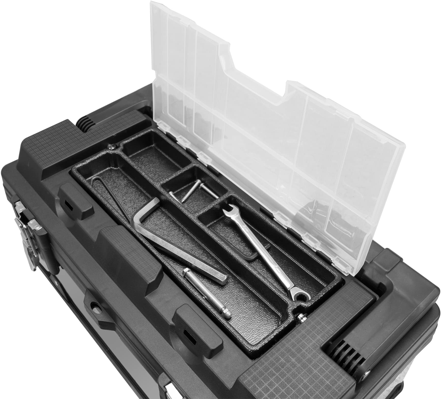 BIG RED A5519BR Torin 19" Stainless Steel and Plastic Portable Storage Tool Box Organizer with Metal Lock, Multiple Compartments, Clear Lid and Removable Trays - Stainless Steel/Black