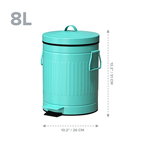Trashaholic Retro 8L Round Metal Trash Can with Lid and Handles, Teal, 12-Inch