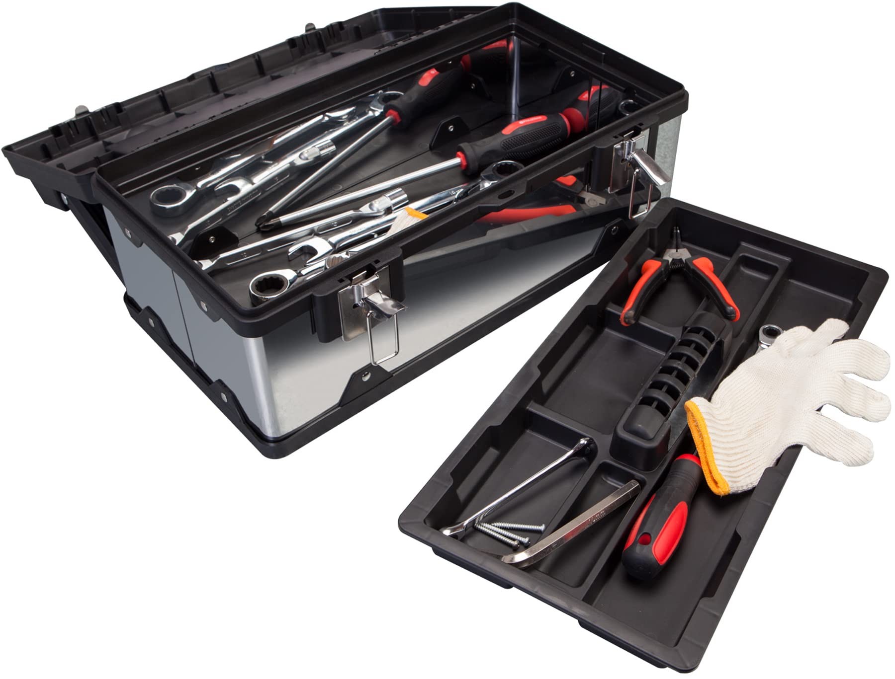 BIG RED A5519BR Torin 19" Stainless Steel and Plastic Portable Storage Tool Box Organizer with Metal Lock, Multiple Compartments, Clear Lid and Removable Trays - Stainless Steel/Black