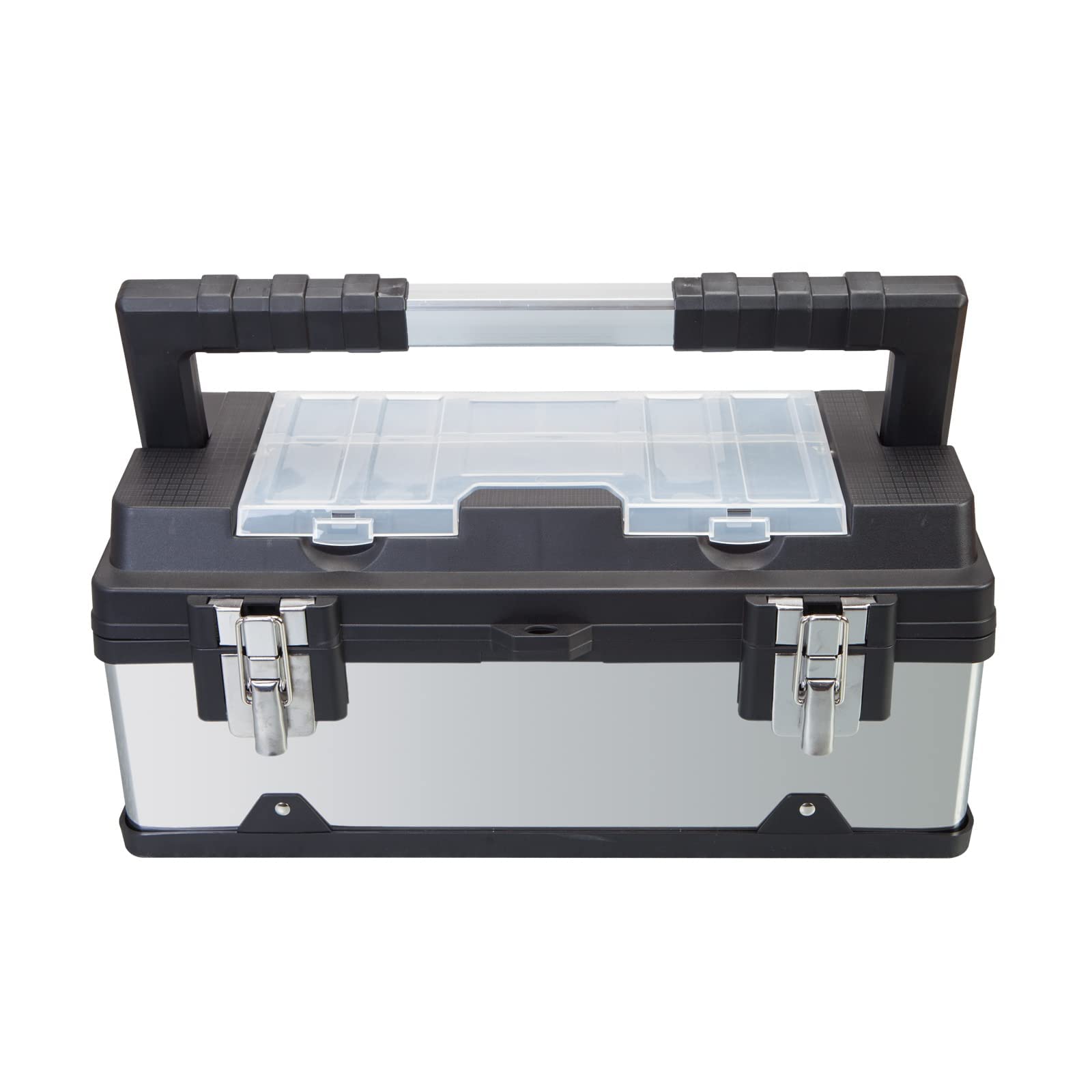 BIG RED A5519BR Torin 19" Stainless Steel and Plastic Portable Storage Tool Box Organizer with Metal Lock, Multiple Compartments, Clear Lid and Removable Trays - Stainless Steel/Black