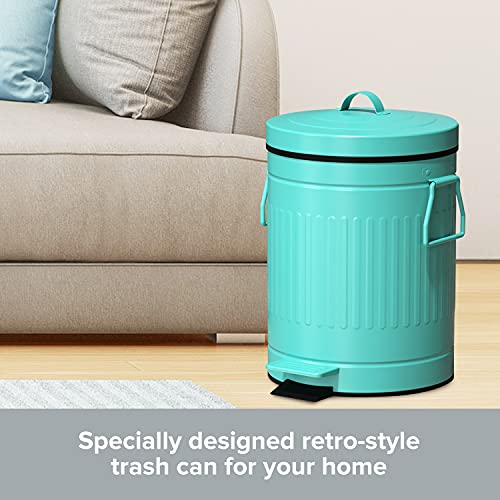 Trashaholic Retro 8L Round Metal Trash Can with Lid and Handles, Teal, 12-Inch