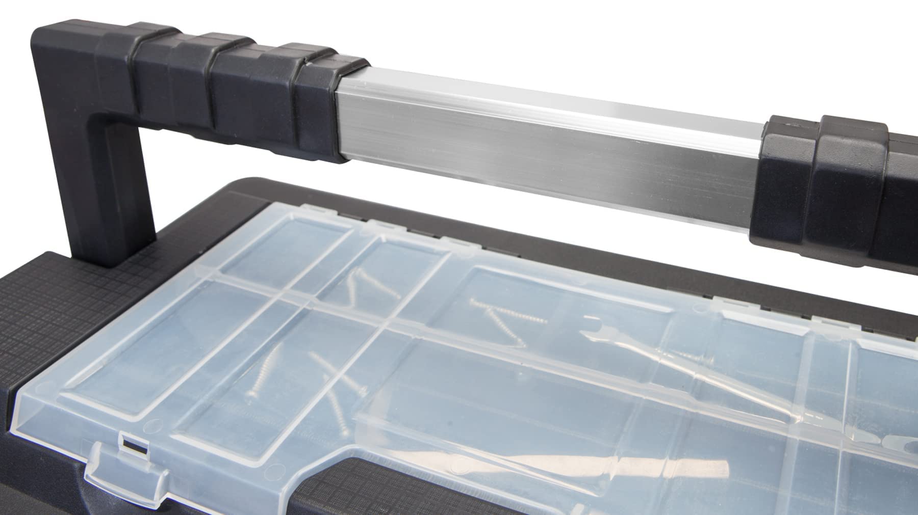 BIG RED A5519BR Torin 19" Stainless Steel and Plastic Portable Storage Tool Box Organizer with Metal Lock, Multiple Compartments, Clear Lid and Removable Trays - Stainless Steel/Black