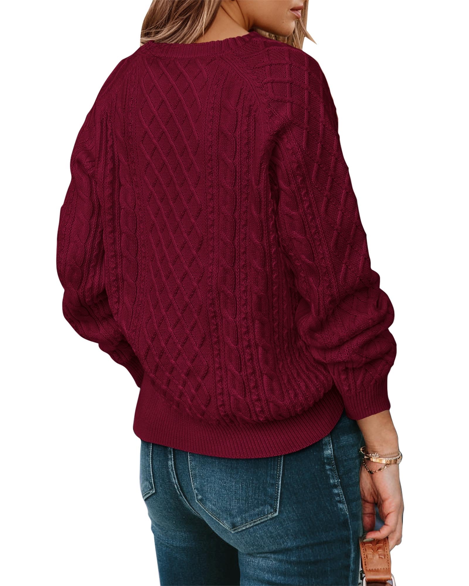 KIRUNDO Womens Sweaters 2024 Fall Winter Henley Long Sleeve Button Crew Neck Cable Knit Loose Cropped Sweater Pullover(Jujube Red, Large)