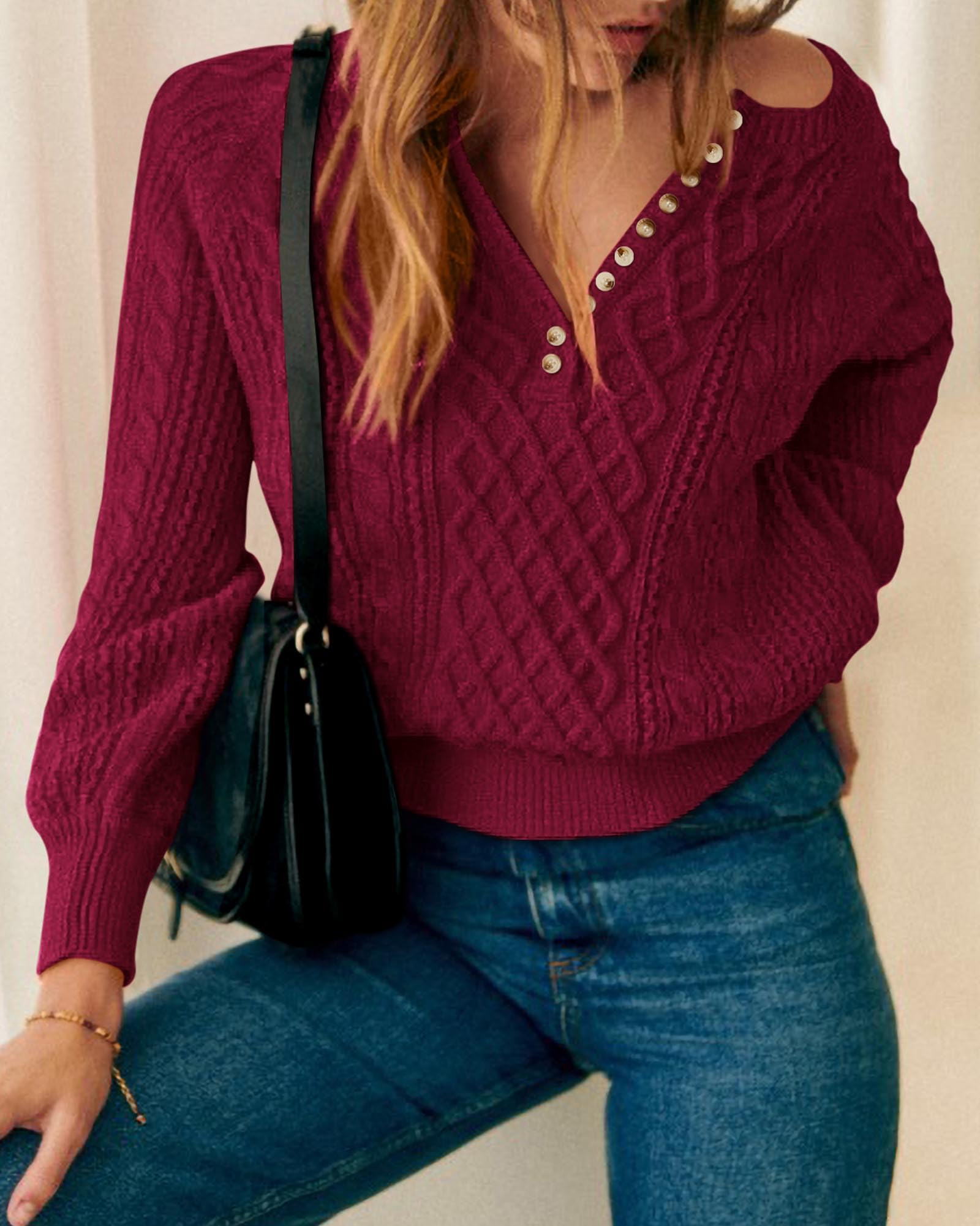 KIRUNDO Womens Sweaters 2024 Fall Winter Henley Long Sleeve Button Crew Neck Cable Knit Loose Cropped Sweater Pullover(Jujube Red, Large)