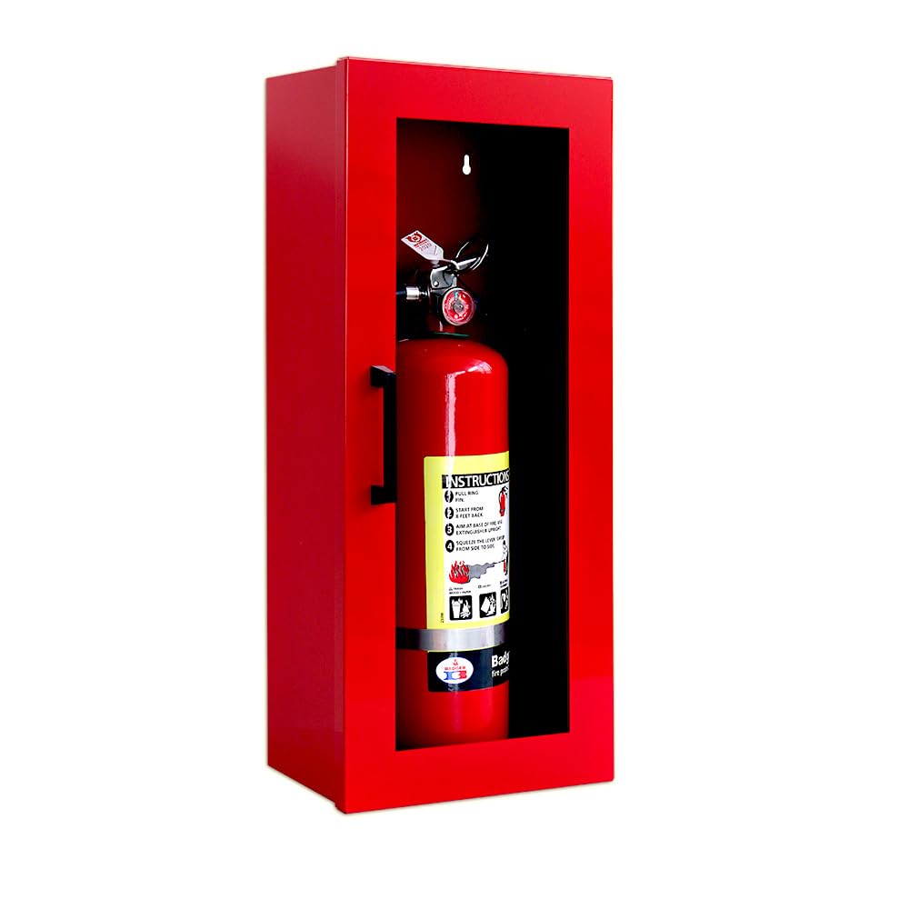 Fire Extinguisher Cabinet | Wall & Surface Mount Steel Cabinet | Holds 5 Pound and 10 Pound | Door with Handle Version, Red | Fire Extinguisher Not Included