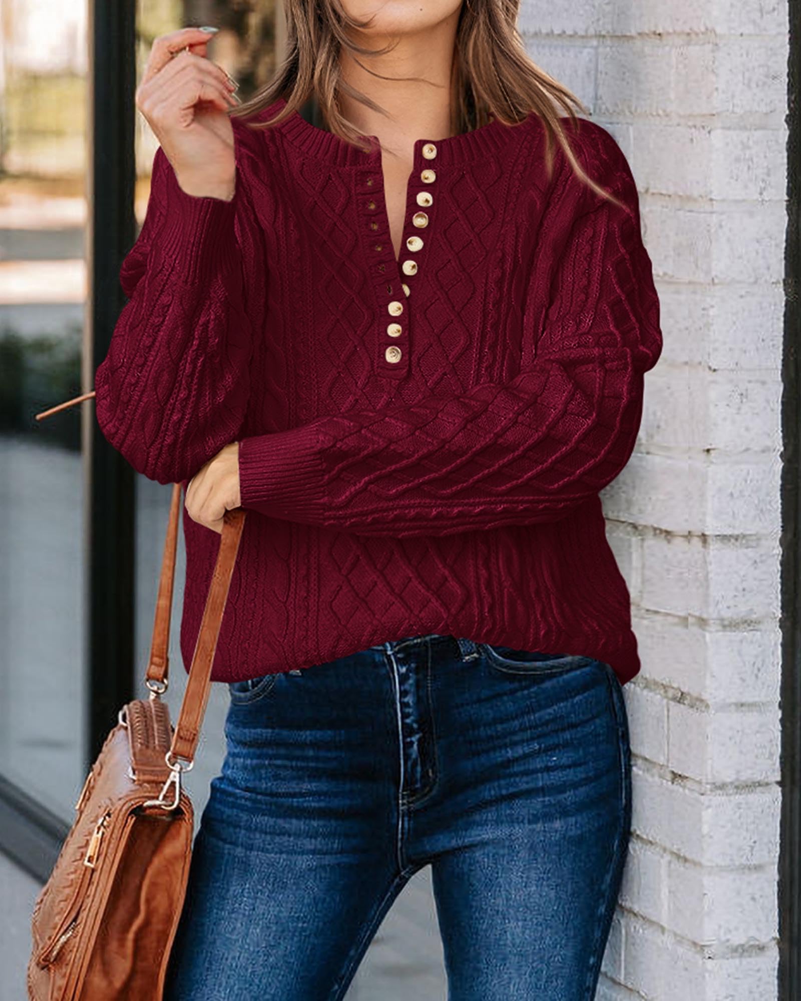 KIRUNDO Womens Sweaters 2024 Fall Winter Henley Long Sleeve Button Crew Neck Cable Knit Loose Cropped Sweater Pullover(Jujube Red, Large)