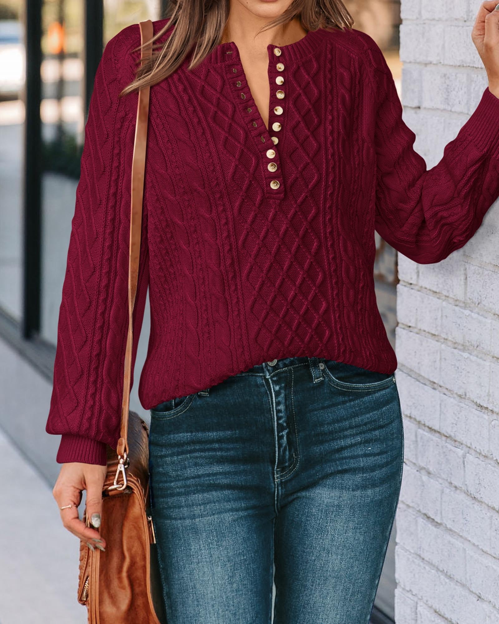 KIRUNDO Womens Sweaters 2024 Fall Winter Henley Long Sleeve Button Crew Neck Cable Knit Loose Cropped Sweater Pullover(Jujube Red, Large)