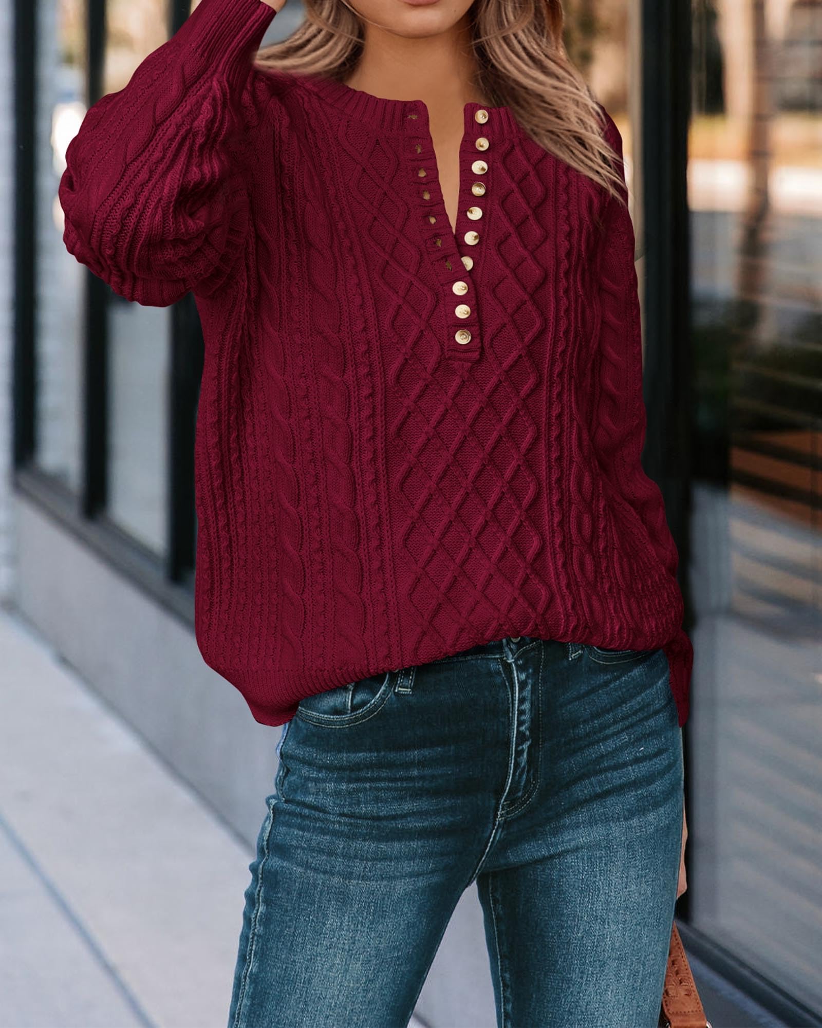 KIRUNDO Womens Sweaters 2024 Fall Winter Henley Long Sleeve Button Crew Neck Cable Knit Loose Cropped Sweater Pullover(Jujube Red, Large)