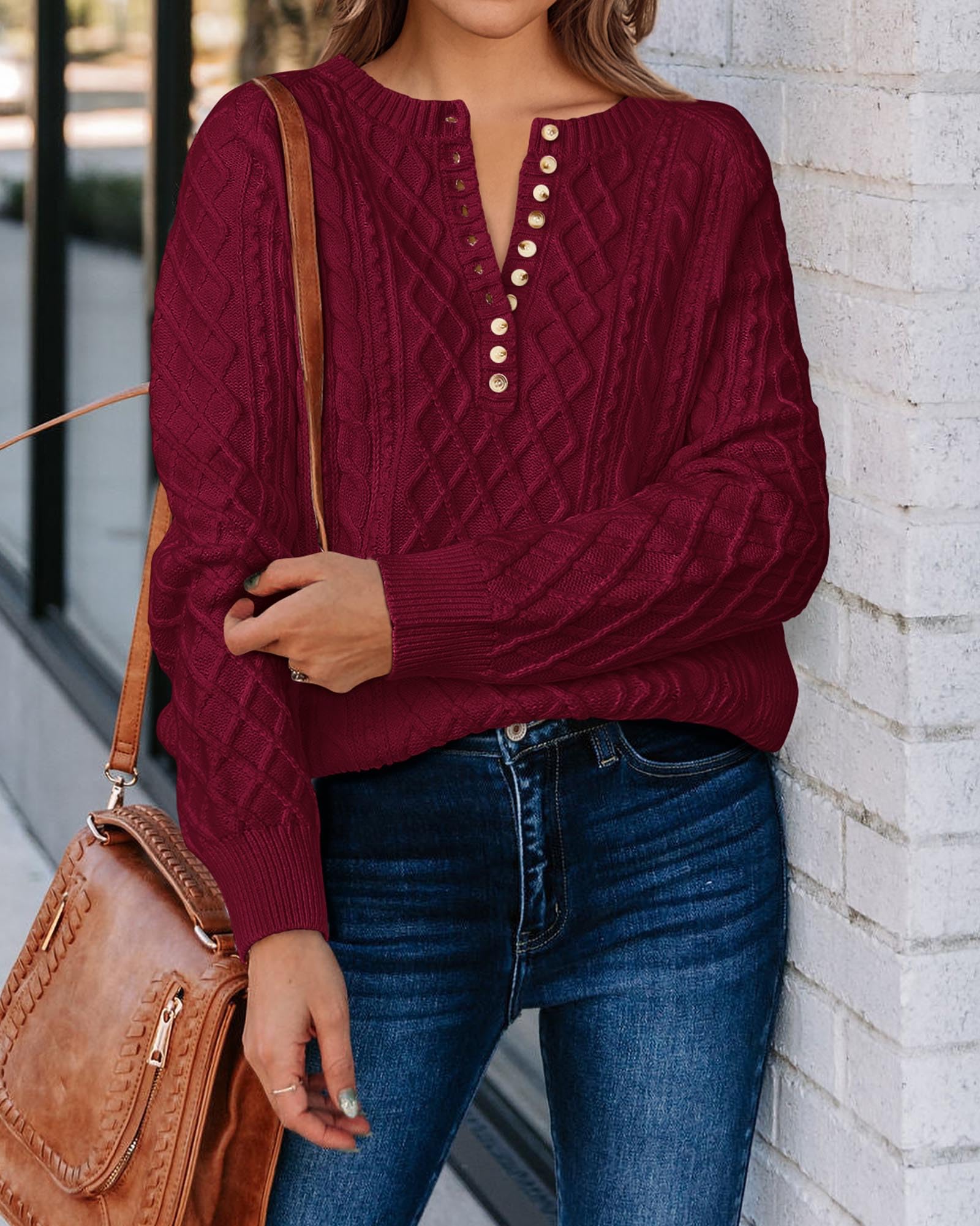 KIRUNDO Womens Sweaters 2024 Fall Winter Henley Long Sleeve Button Crew Neck Cable Knit Loose Cropped Sweater Pullover(Jujube Red, Large)