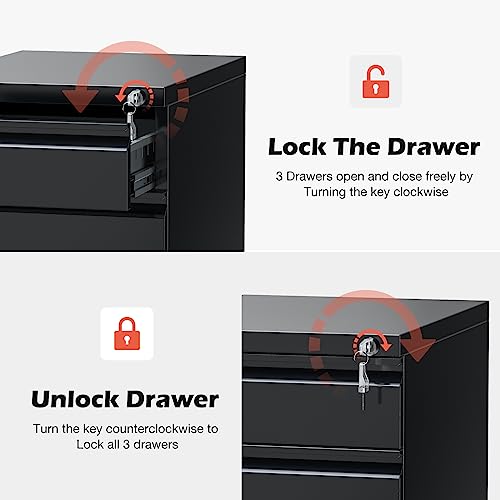 NEWBULIG 3 Drawer Metal Mobile File Cabinet Under Desk Storage with Lock and Wheels, Office Filling Box for Deposit Folder, Black