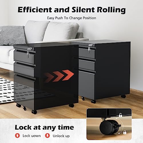 NEWBULIG 3 Drawer Metal Mobile File Cabinet Under Desk Storage with Lock and Wheels, Office Filling Box for Deposit Folder, Black